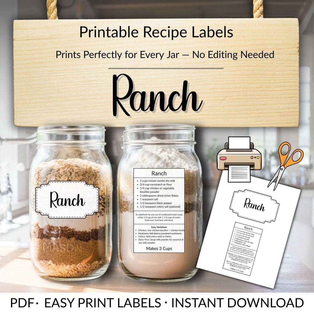 Ranch Base Dry Mix Recipe Labels | Printable Pantry Staples for DIY ...