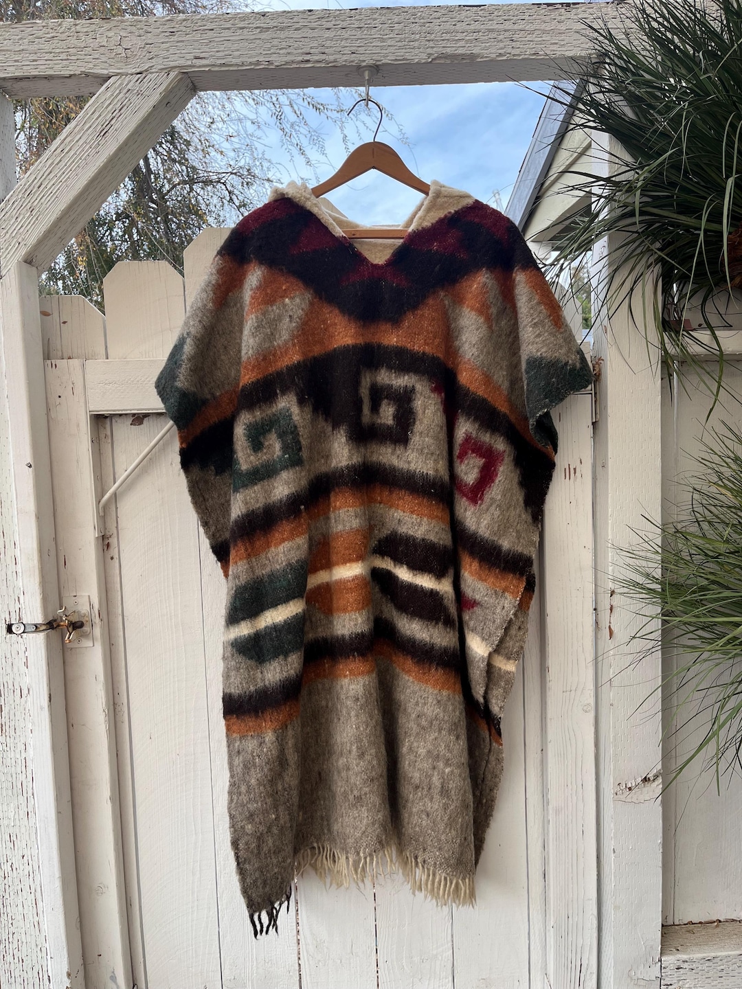 Vintage Wool Hooded Poncho Tunic One Size Unisex Aztec Southwestern ...