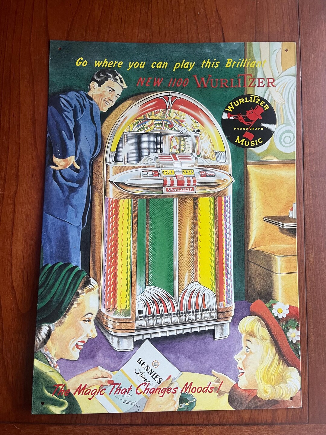 Wurlitzer Vintage Nickel Record Player Metal Promotional Sign Wall Ad ...