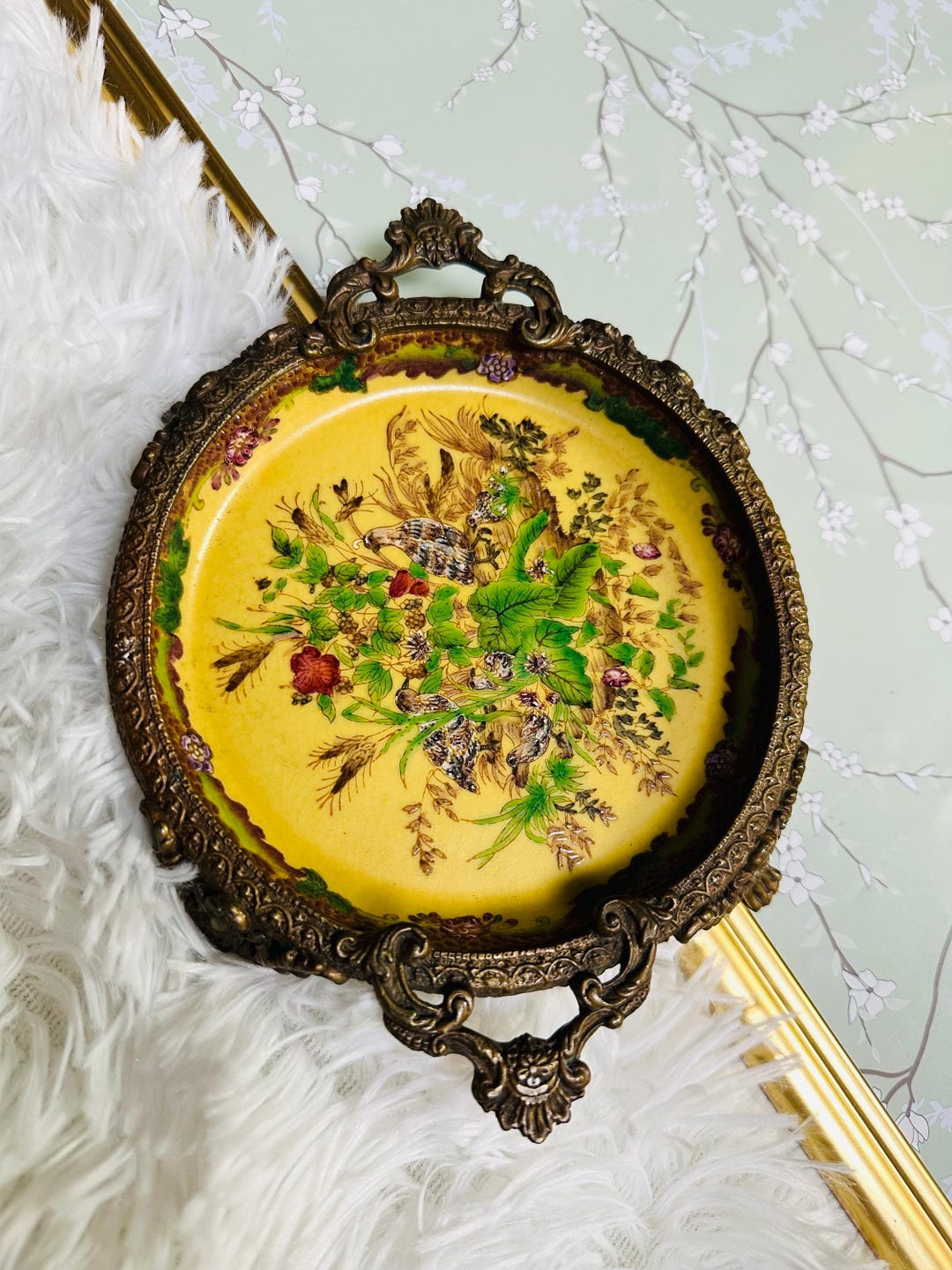 Vintage Hua Ping Tang Zhi Porcelain & Bronze Footed Dish - Etsy