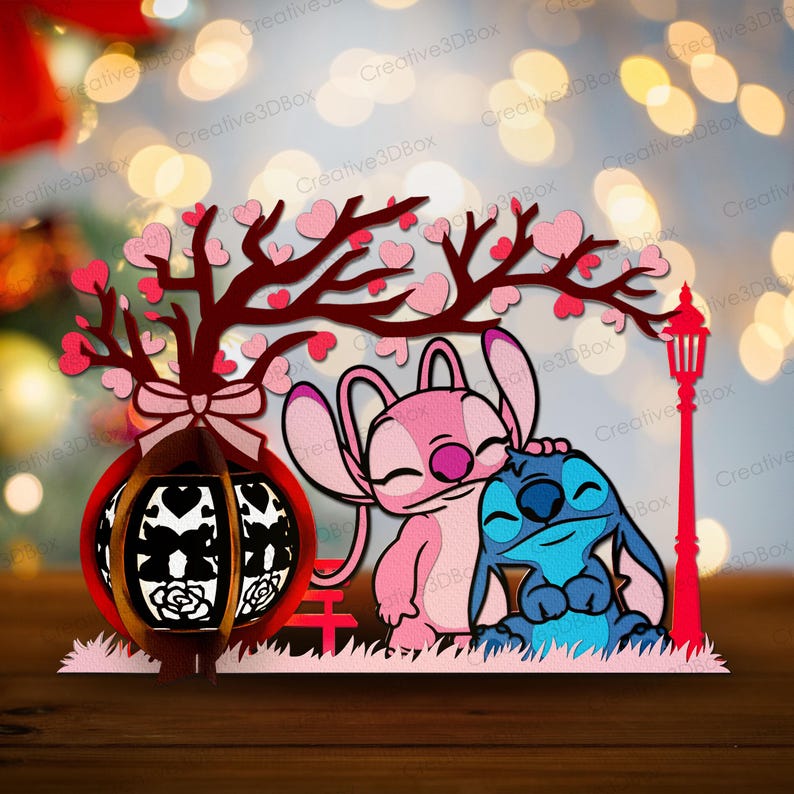 Couple Lantern Paper Cut SVG, Cute Stitch Lovers Light Box, Valentine ...