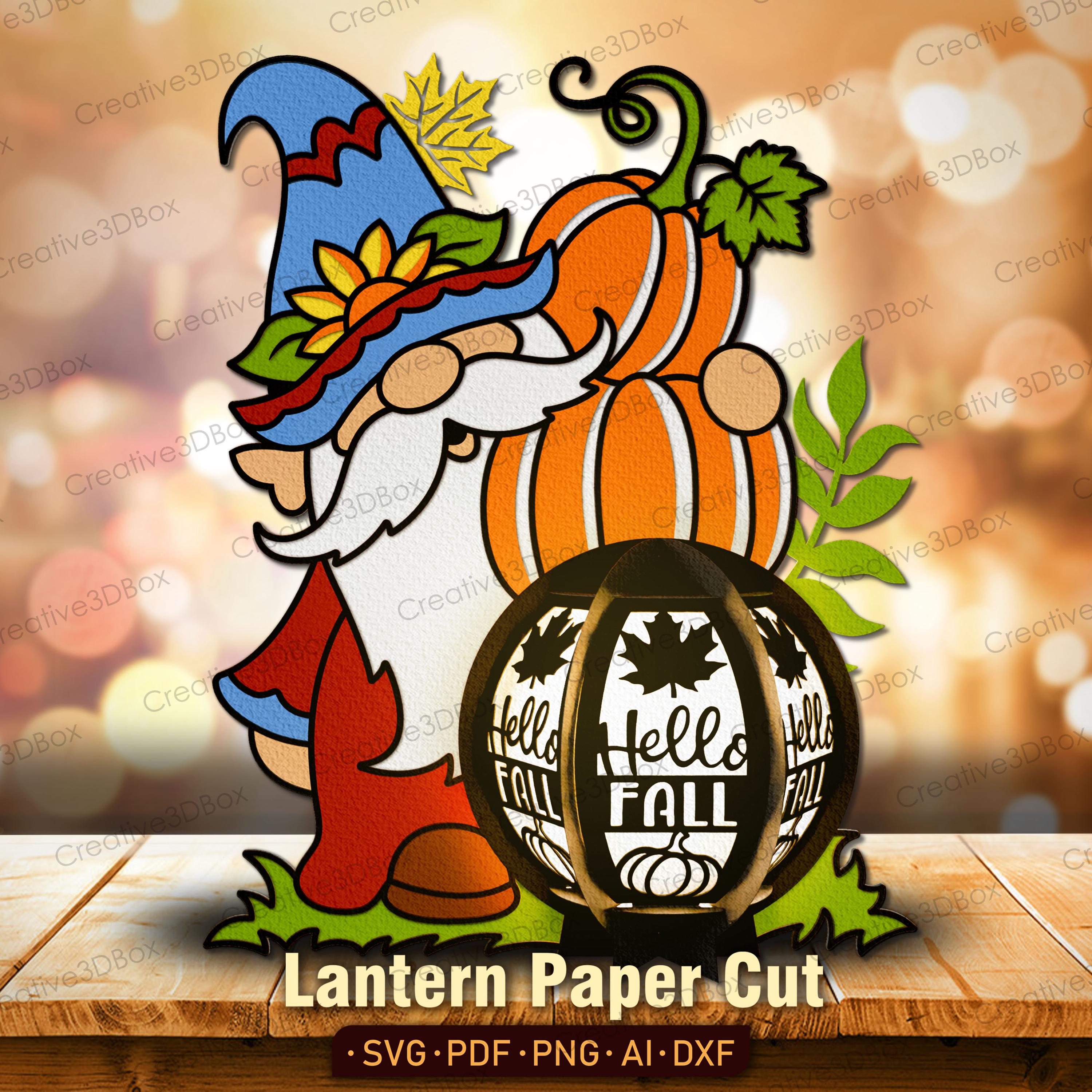 Fall Gnome Lantern SVG Bundle, Set of 3 Autumn Pumpkin Papercut Light ...