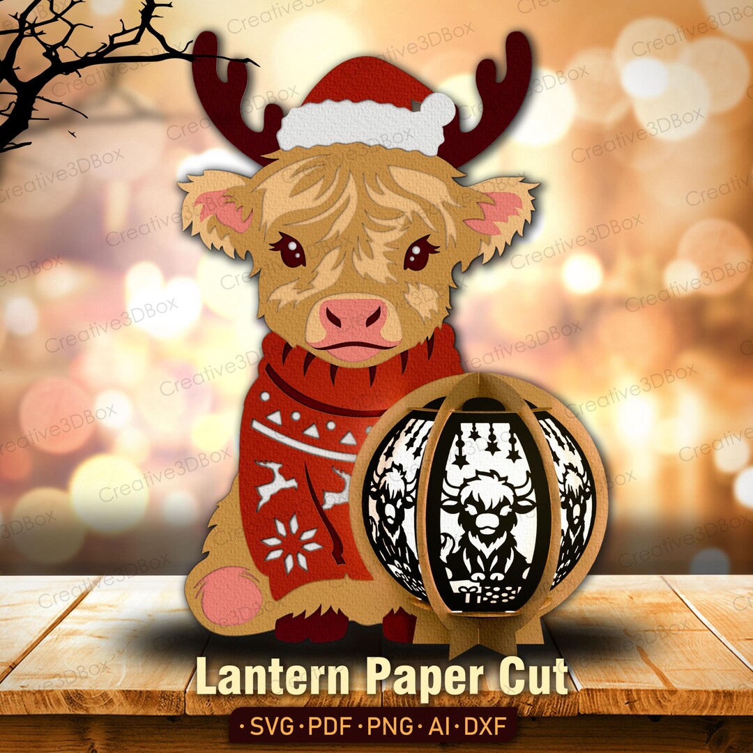 Festive Highland Cow Christmas Lantern Paper Cut, Cute Farm Animal ...