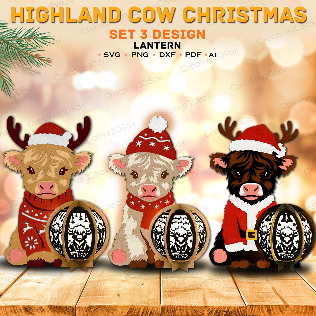 Highland Cow Christmas Lantern Bundle, Cute Layered Paper Design Set ...