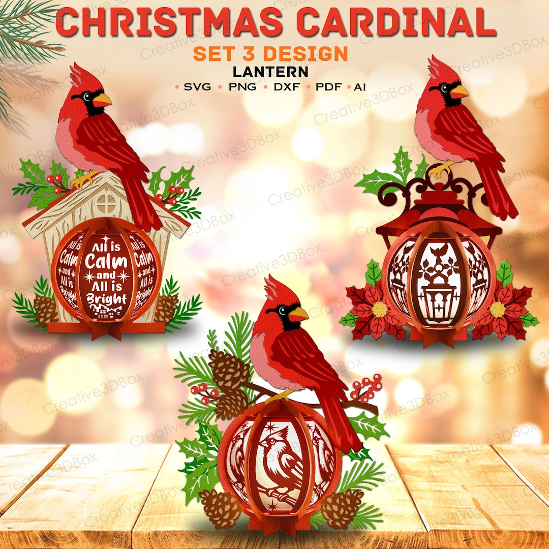 Christmas Cardinal Lantern Paper Cut Set of 3, Holiday Red Bird Winter ...