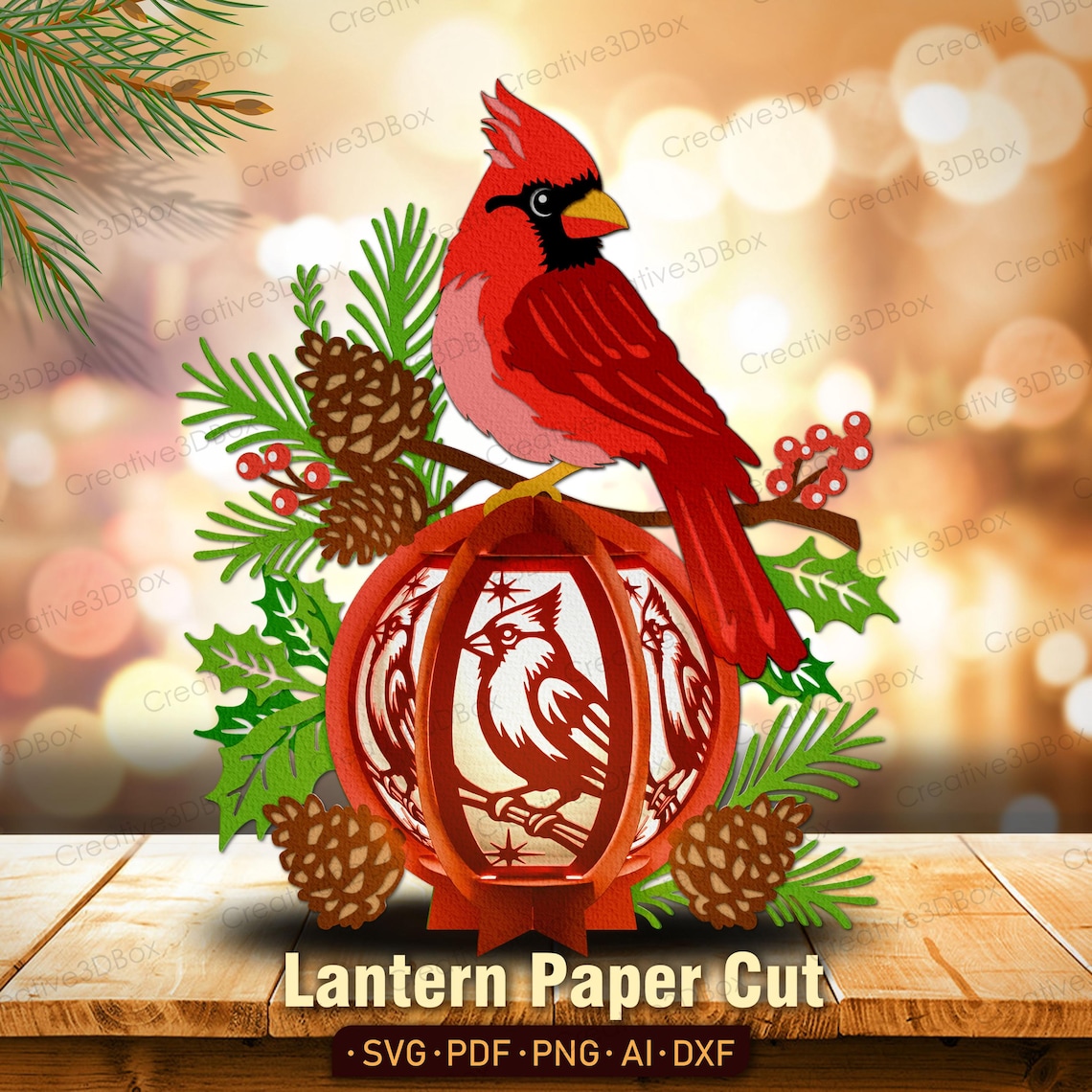 Cardinal Lantern SVG, Christmas Bird Paper Cut Lantern With Pinecones ...