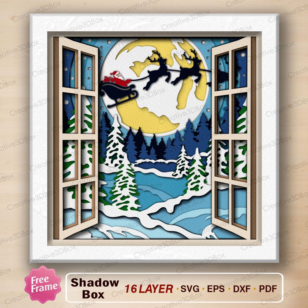 Santa Sleigh Moonlight Shadow Box, Christmas Layered Papercut Template ...