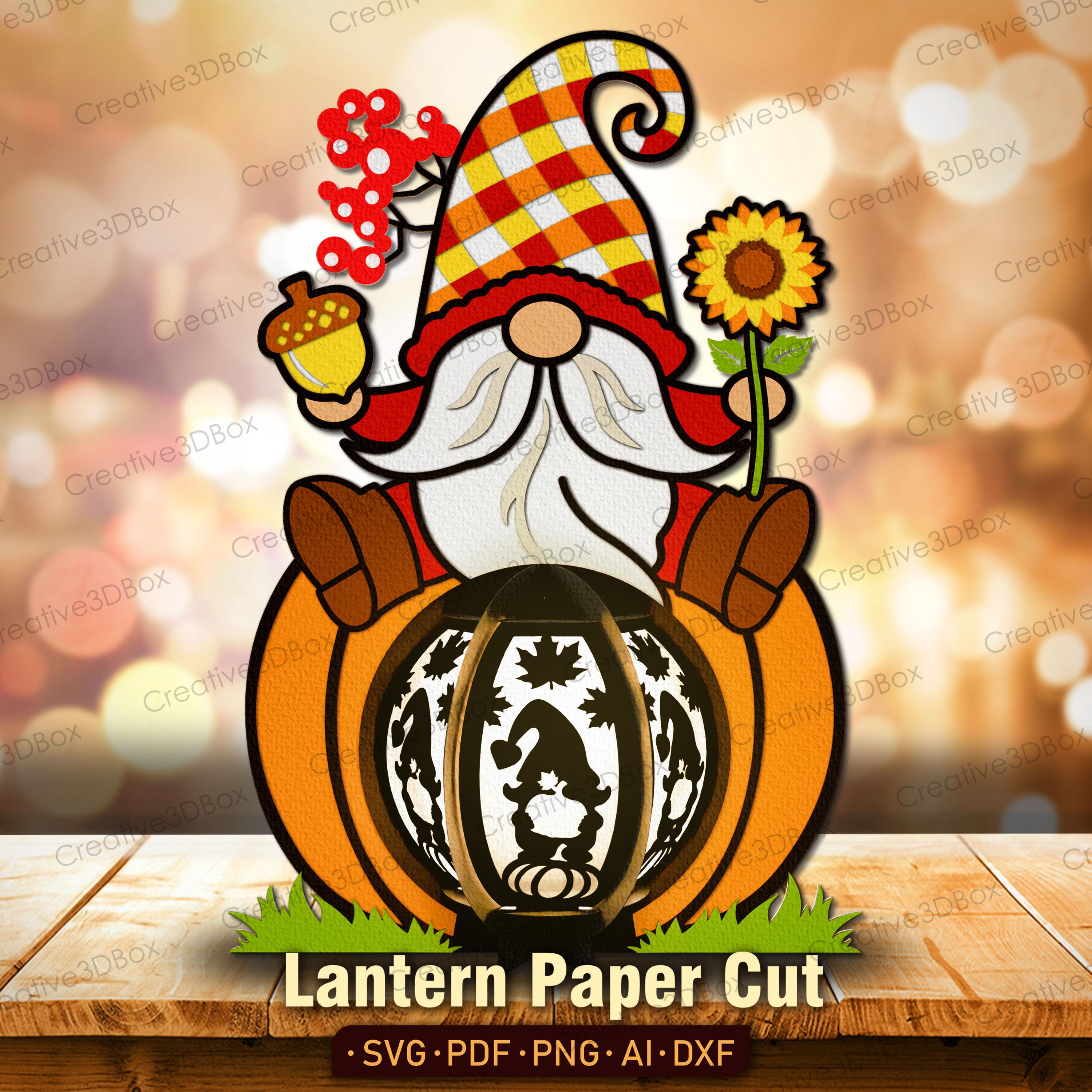 Fall Gnome Lantern SVG Bundle, Set of 3 Autumn Pumpkin Papercut Light ...