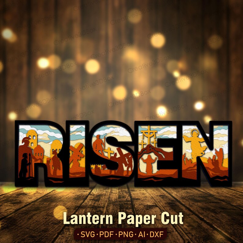 Risen Multilayer Paper Lantern SVG, Christian Easter Risen Word Art ...