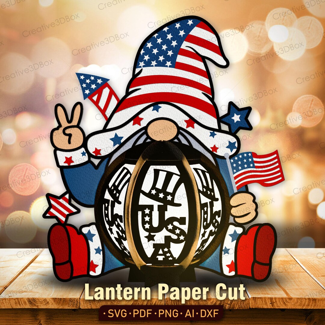 4th of July Gnome Lantern SVG, 3D Patriotic USA Paper Cut Light Box ...