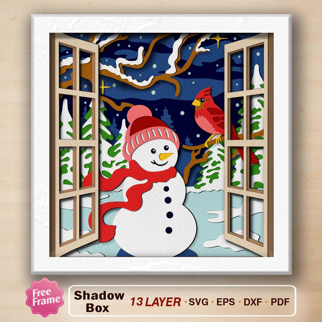 Snowman With Cardinal Shadow Box Svg, Christmas Shadow Box, Snowman 3D ...