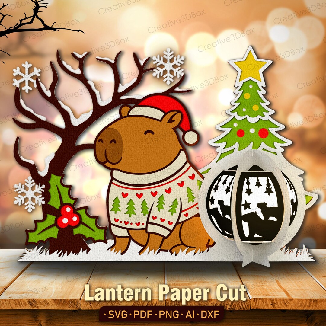 Capybara Christmas Lantern Paper Cut, Cute Holiday Papercraft Decor ...
