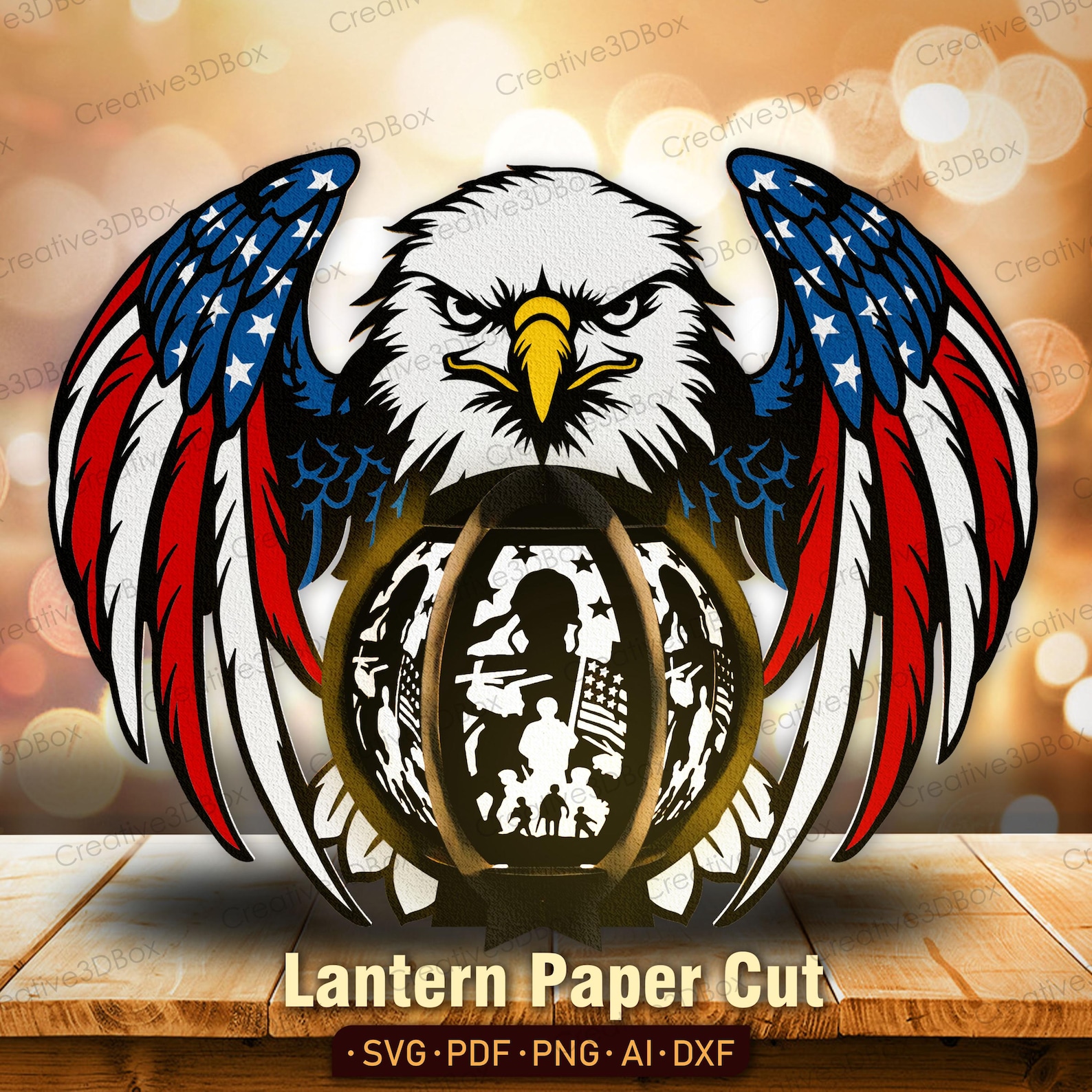 Bald Eagle Memorial Lantern SVG, Patriotic 3D Paper Cut Light Box ...
