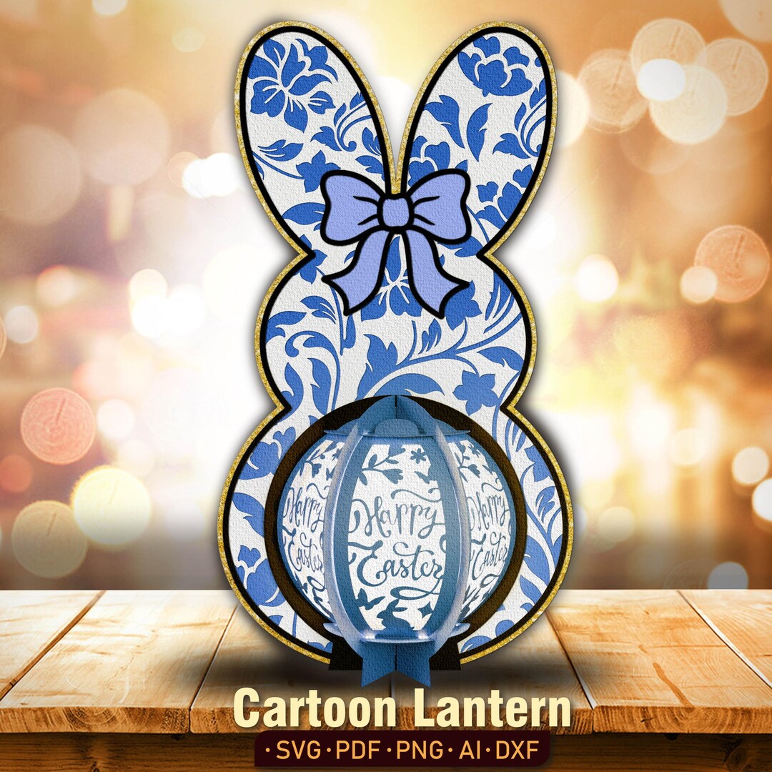 Easter Bunny Lantern, Blue Floral Chinoiserie Bunny Lantern, Happy ...