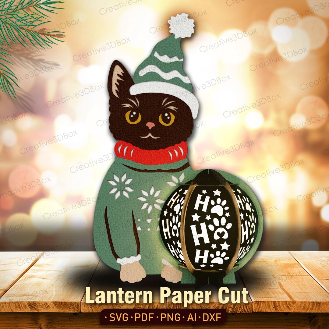 Black Cat Christmas Lantern, Cute Kitty Holiday Papercraft Lightbox ...