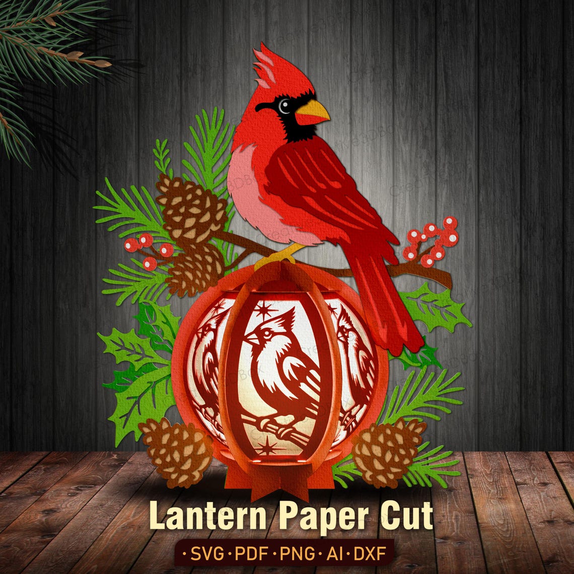 Cardinal Lantern SVG, Christmas Bird Paper Cut Lantern With Pinecones ...