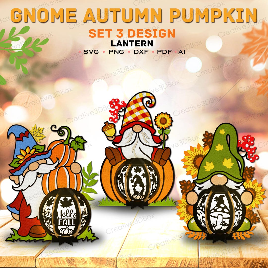 Fall Gnome Lantern SVG Bundle, Set of 3 Autumn Pumpkin Papercut Light ...