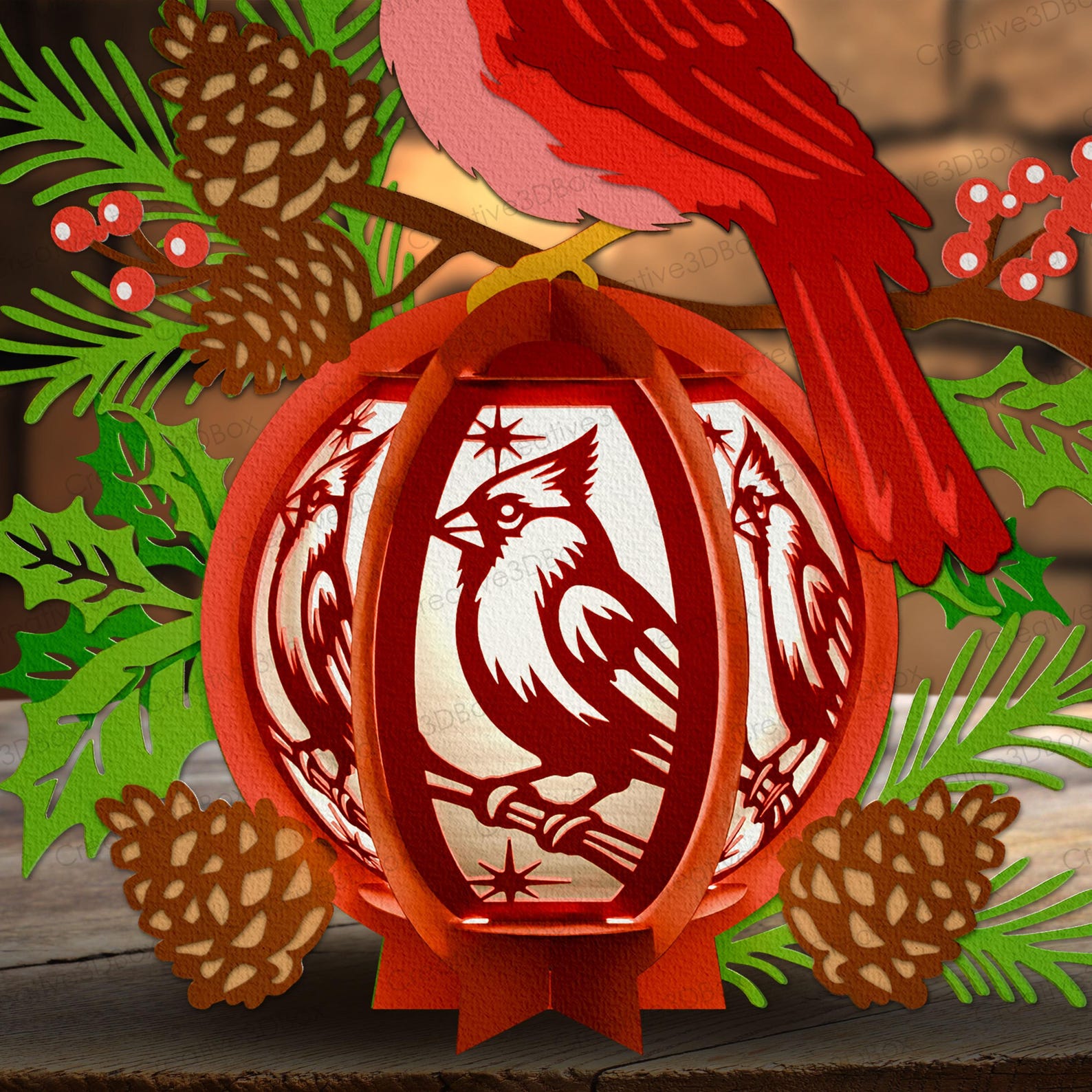 Cardinal Lantern SVG, Christmas Bird Paper Cut Lantern With Pinecones ...