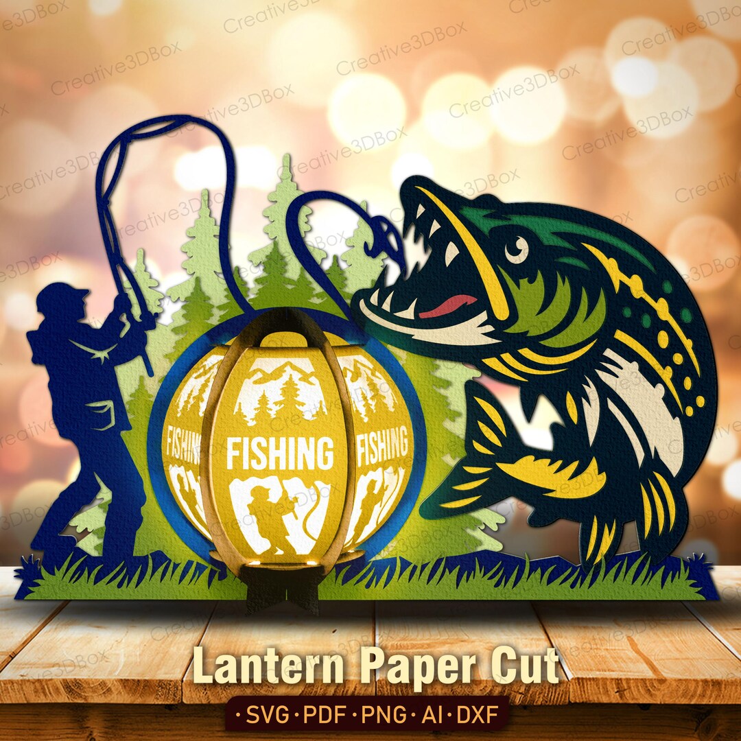 Fishing Lantern Paper Cut SVG, Angler Pike Fish Scene Shadow Lantern ...