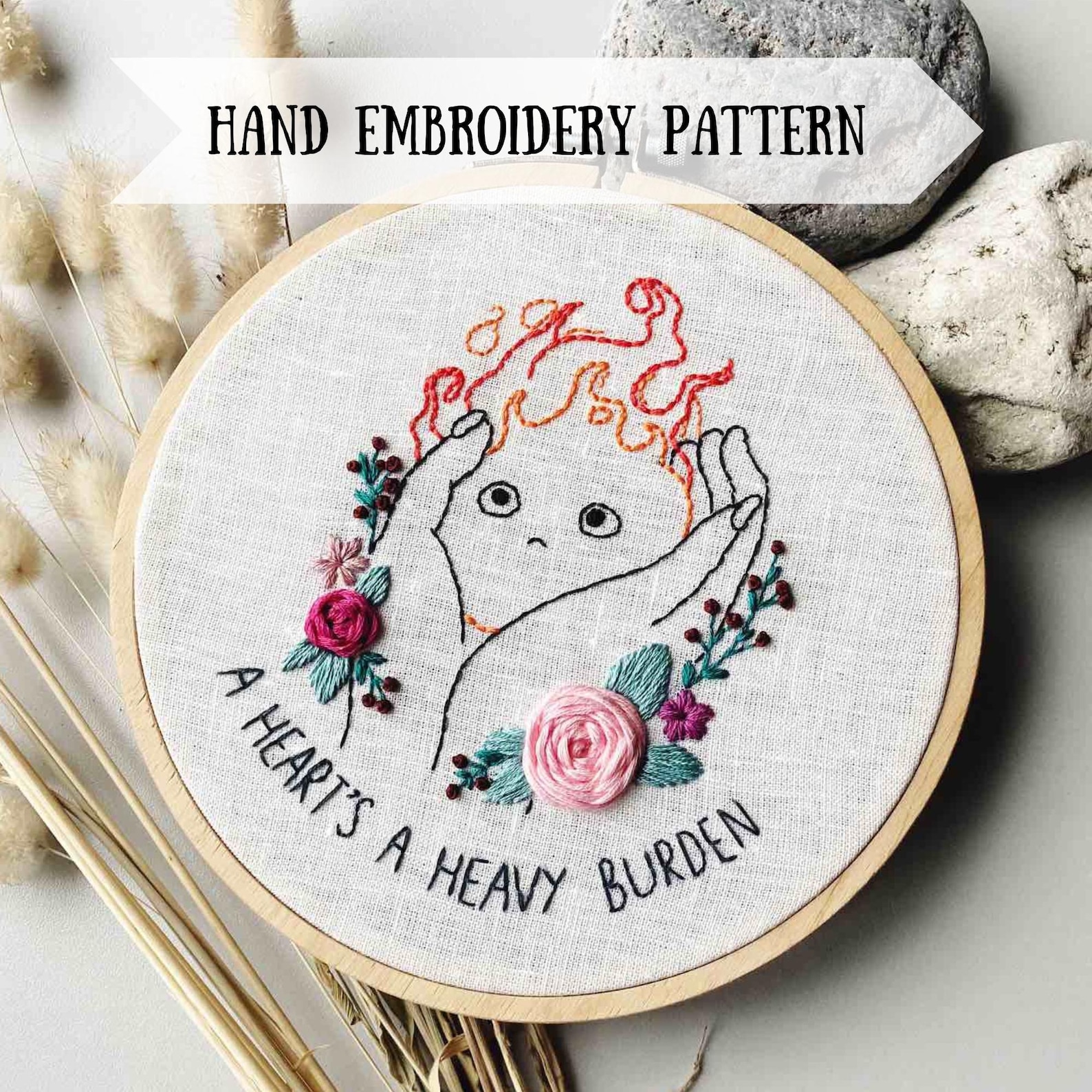 Anime Embroidery Pattern - Whimsical Flame Character With Floral Hands ...