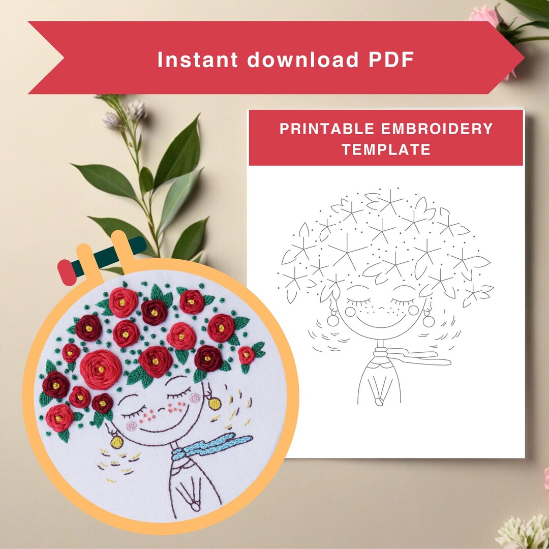 Spring Girl Embroidery Pattern Cute Girl With Sun Earrings & Floral ...