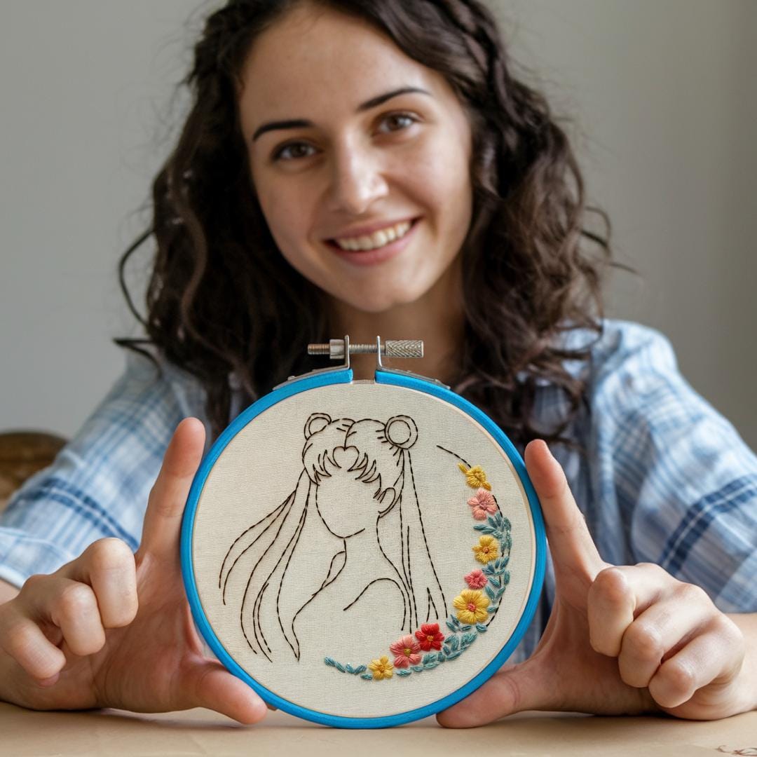 Anime Embroidery Pattern - Digital Moon Inspired Hand Stitching Design ...