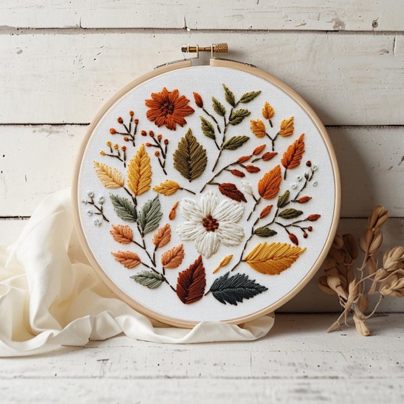 Autumn Floral Hand Embroidery Pattern | Leaves & Flowers | Printable ...