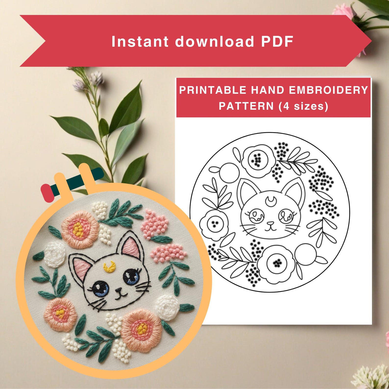 Anime Hand Embroidery Pattern - Moon Cat Design - Etsy