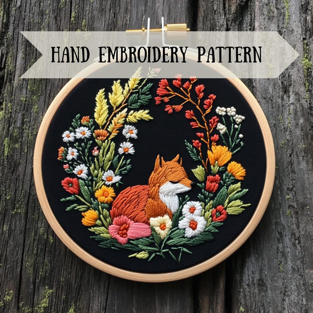 Cute Fox Hand Embroidery Pattern Wildflowers Floral Design Digital ...