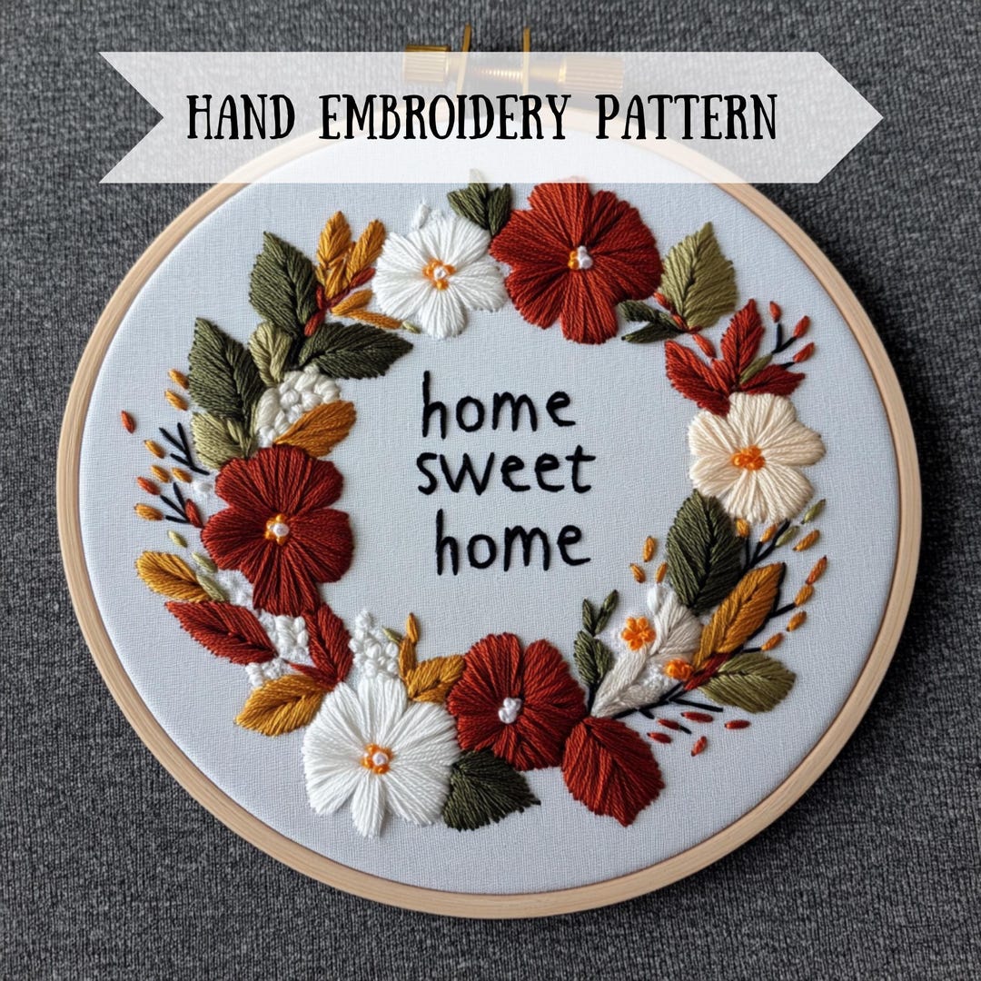 Floral Wreath Embroidery Pattern - Home Sweet Home Design - Etsy