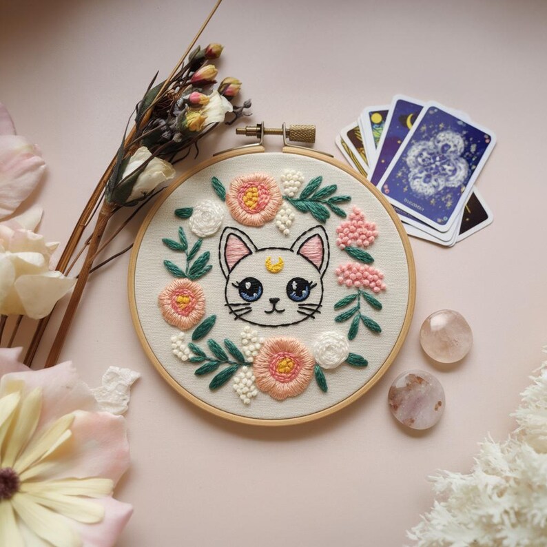 Anime Hand Embroidery Pattern - Moon Cat Design - Etsy