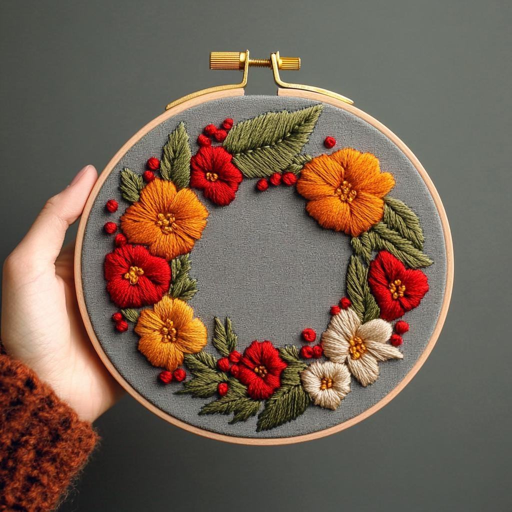 Floral Wreath Hand Embroidery Pattern Red & Orange Flowers Digital ...