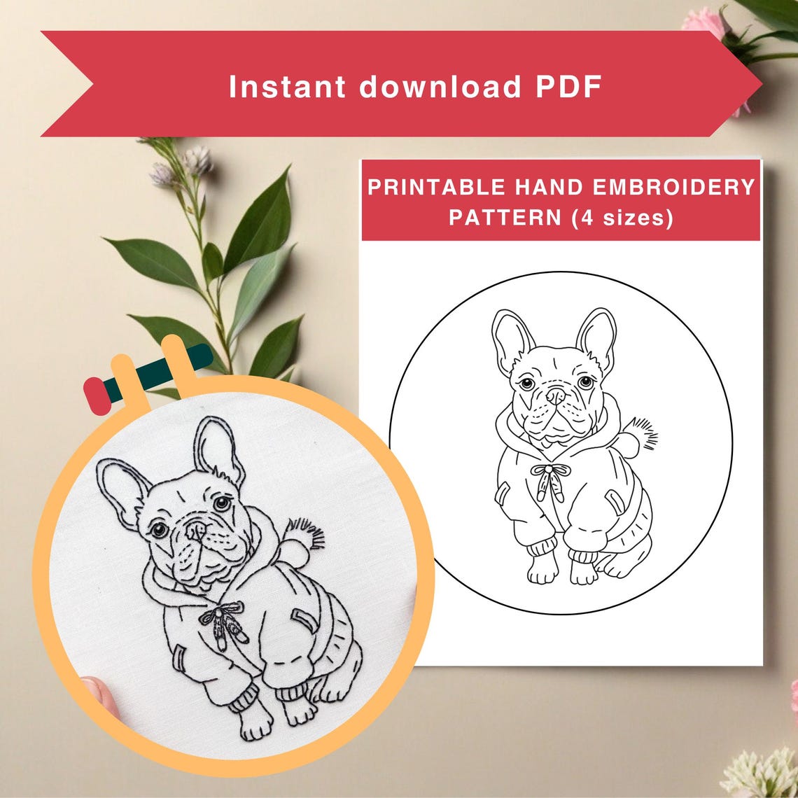 French Bulldog Embroidery Pattern: Winter Fashion Frenchie (digital ...
