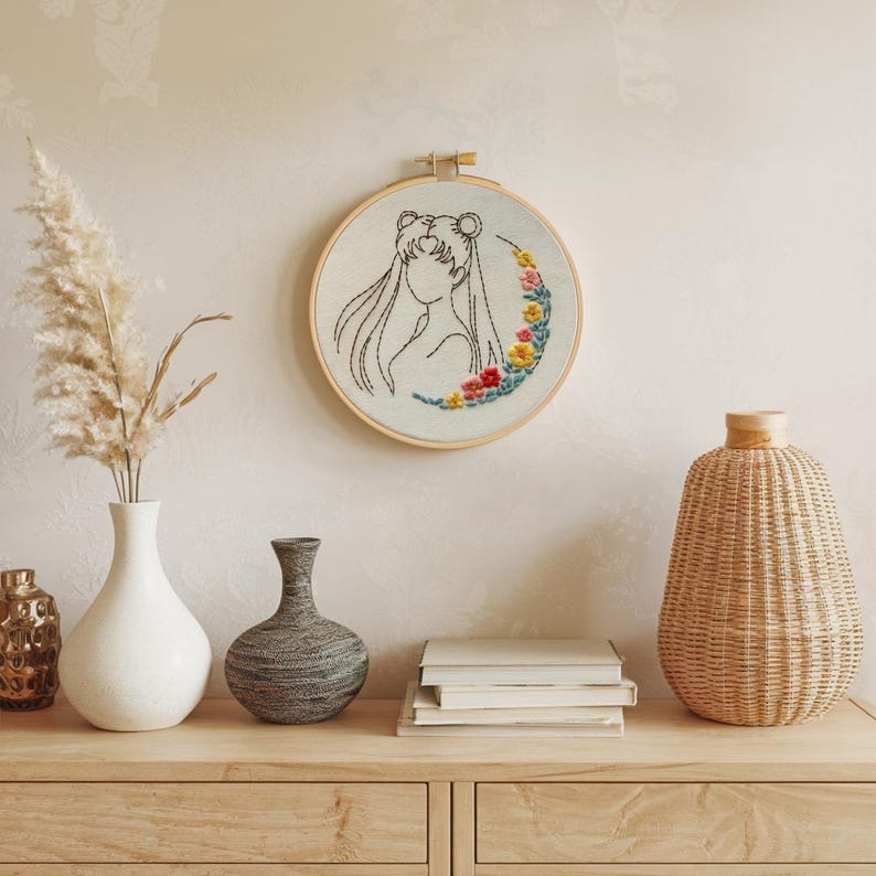 Anime Embroidery Pattern - Digital Moon Inspired Hand Stitching Design ...