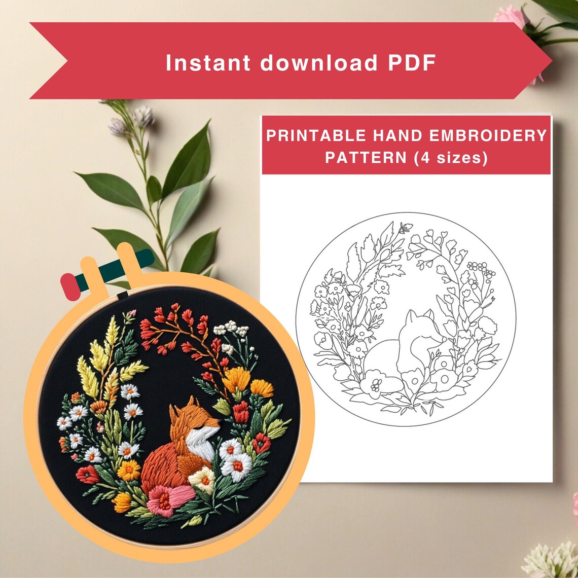 Cute Fox Hand Embroidery Pattern Wildflowers Floral Design Digital ...