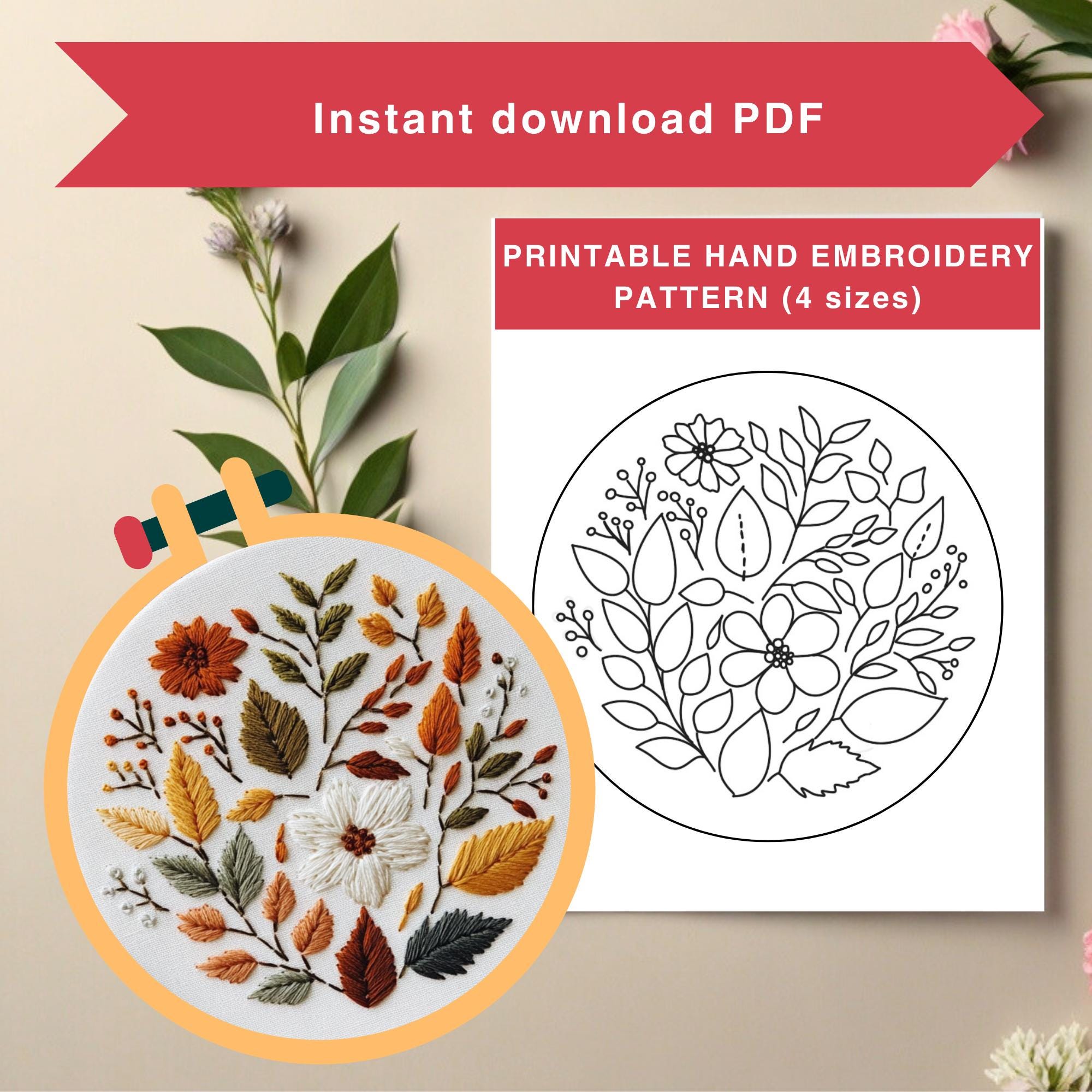 Autumn Floral Hand Embroidery Pattern | Leaves & Flowers | Printable ...