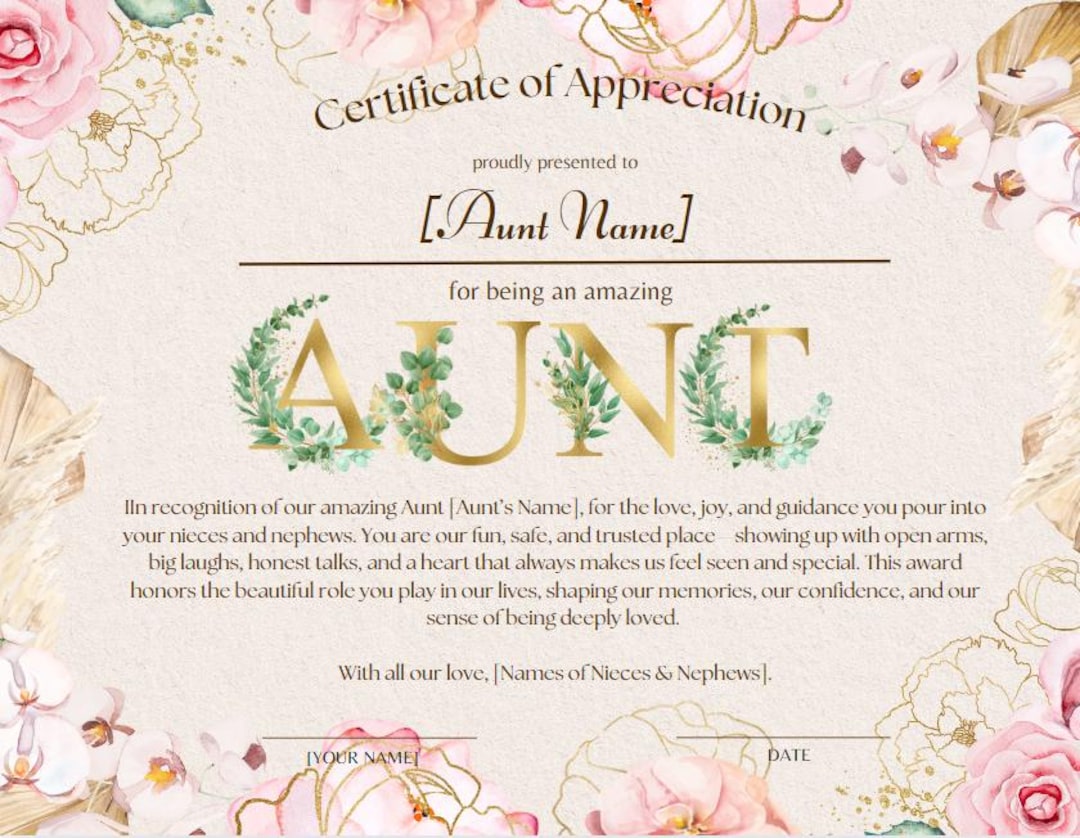 Printable Aunt Certificate of Appreciation | Floral Aunt Award, Gift ...