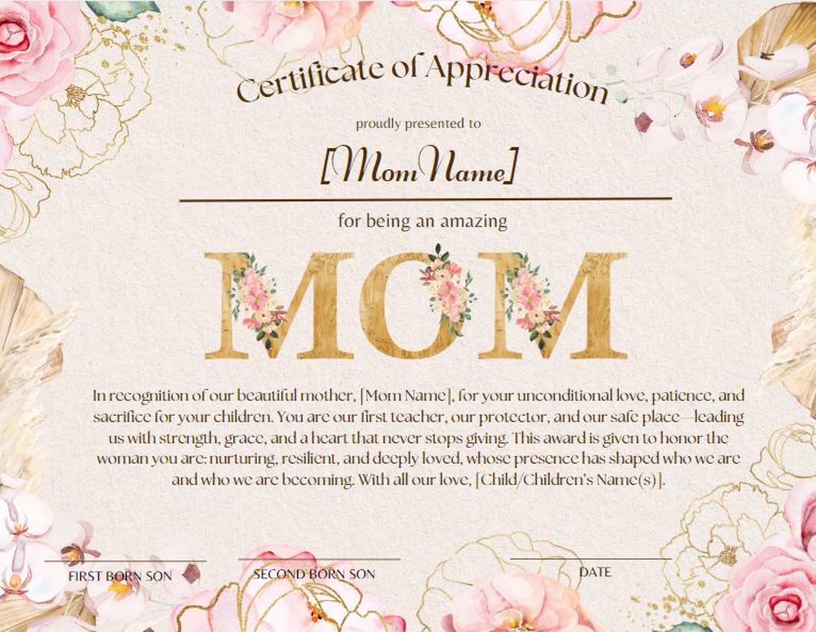 Printable Mom Certificate of Appreciation | Floral Mom Award, Gift for ...