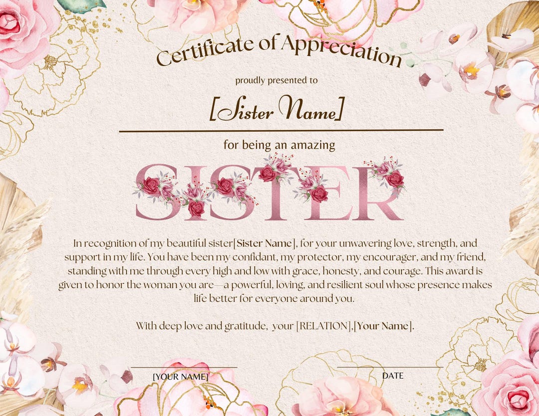 Printable Sister Certificate of Appreciation | Floral Sister Award ...