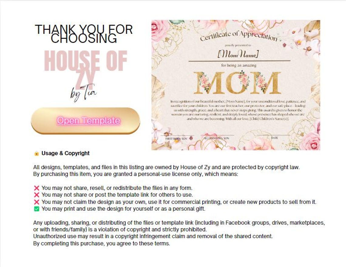 Printable Mom Certificate of Appreciation | Floral Mom Award, Gift for ...