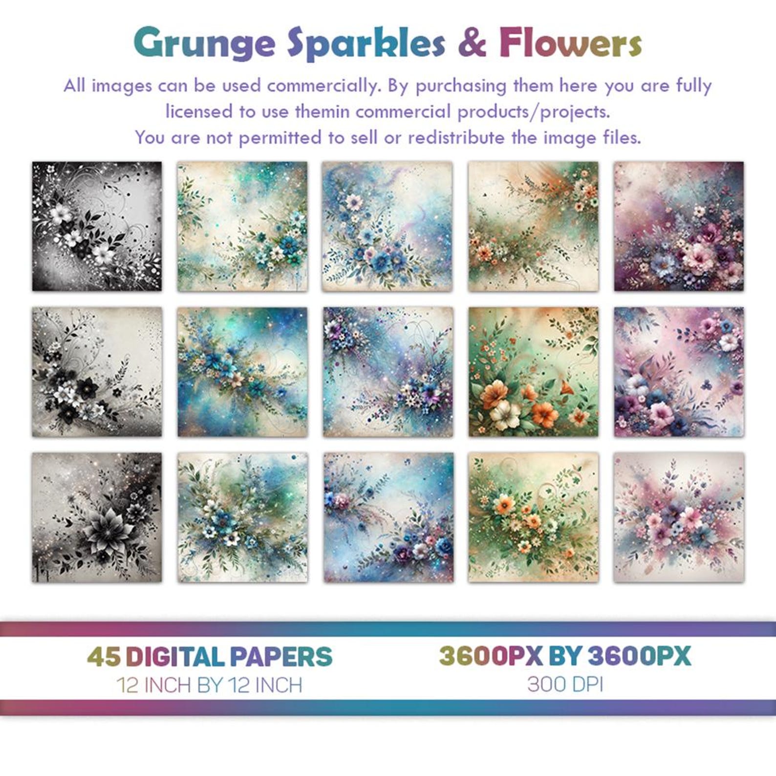 Grunge Sparkles and Flowers Digital Papers | Instant Download | Floral ...
