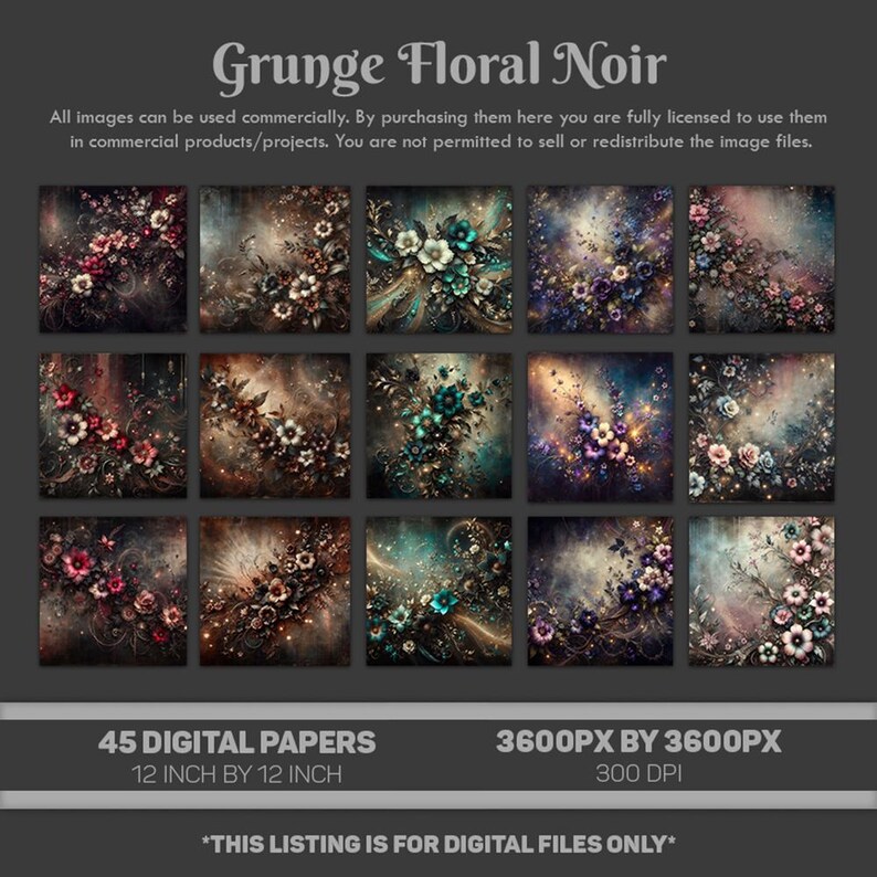 Grunge Floral Noir Digital Papers | Instant Download | Floral Digital ...