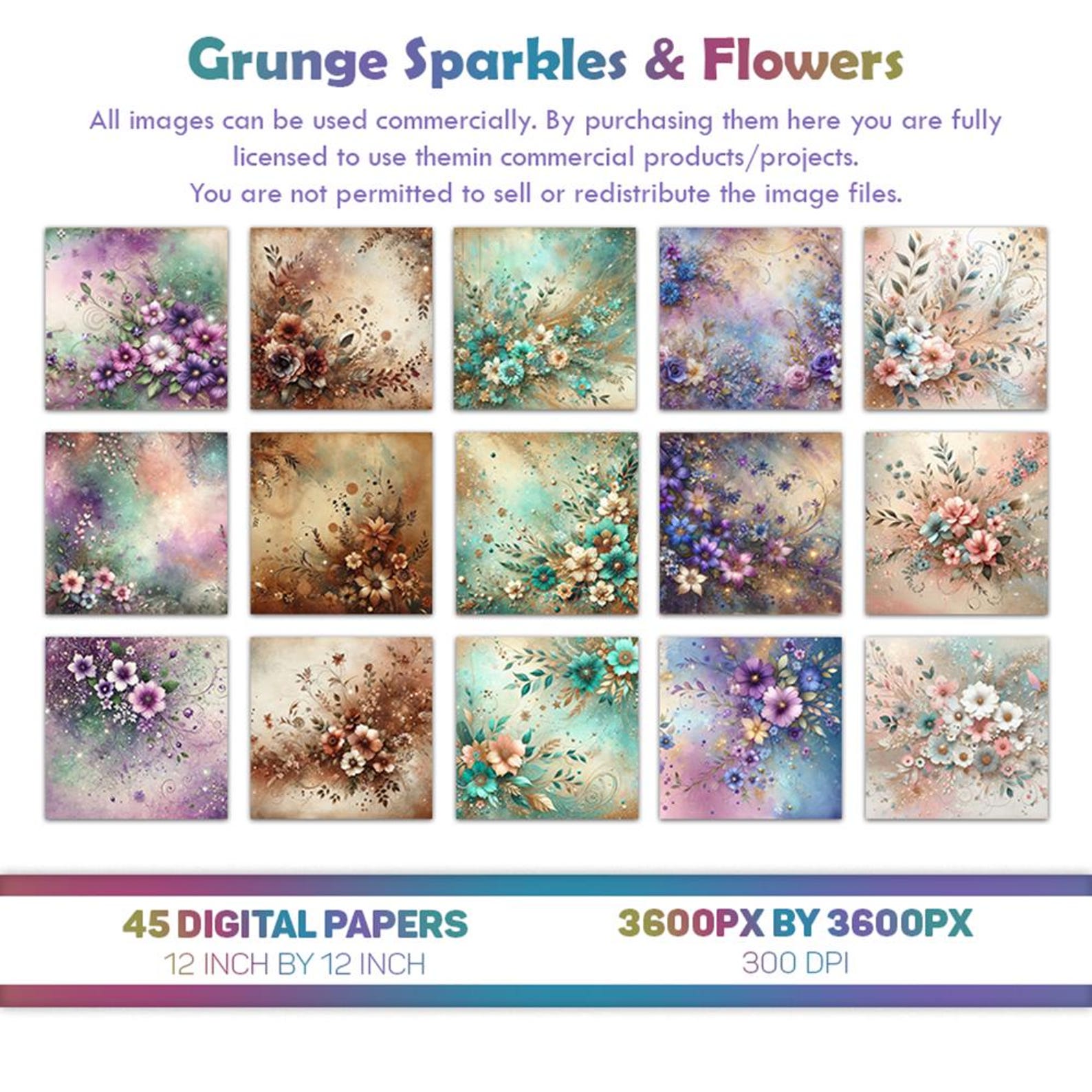 Grunge Sparkles and Flowers Digital Papers | Instant Download | Floral ...