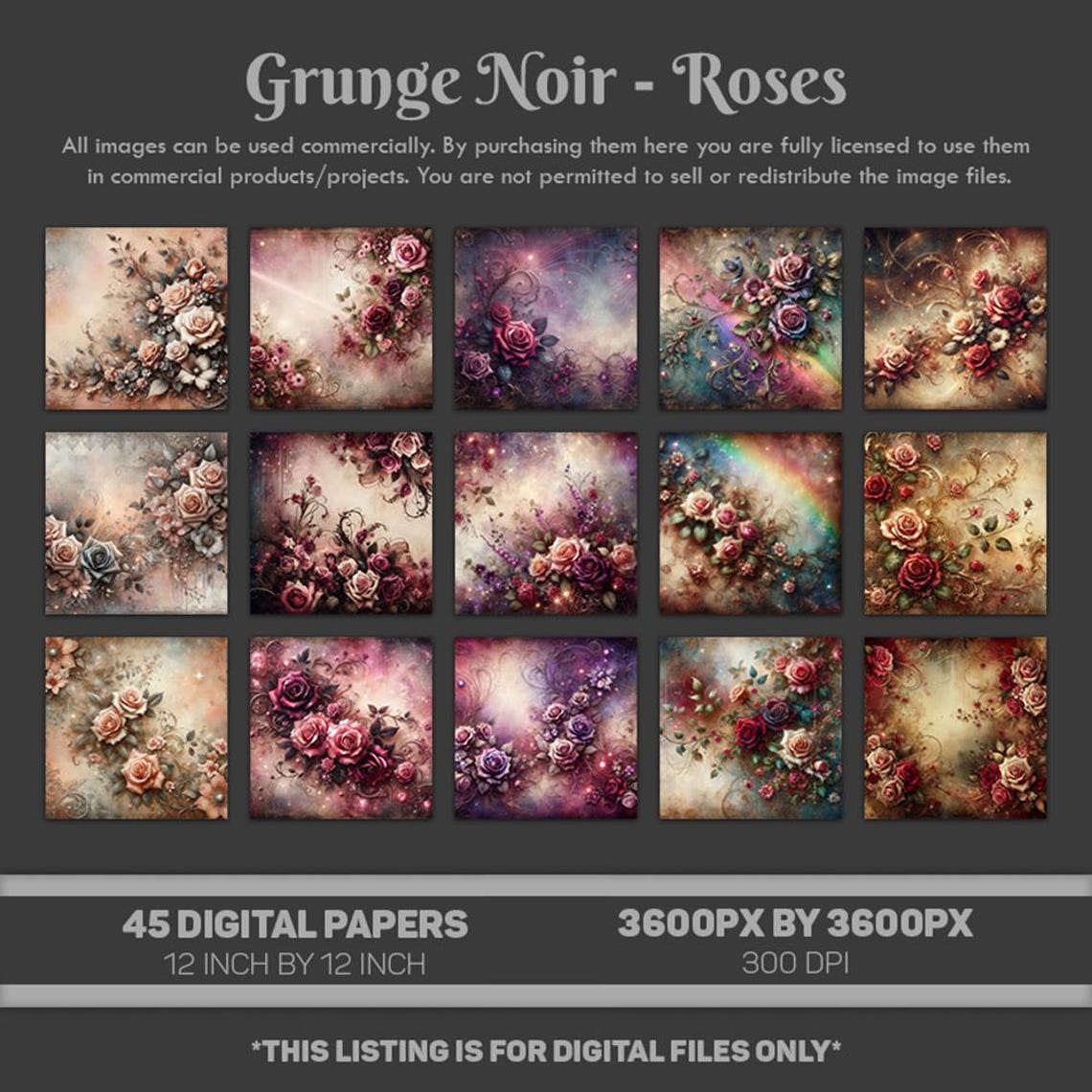 Grunge Roses Digital Paper | Noir Sparkle, Vines (instant Download) - Etsy