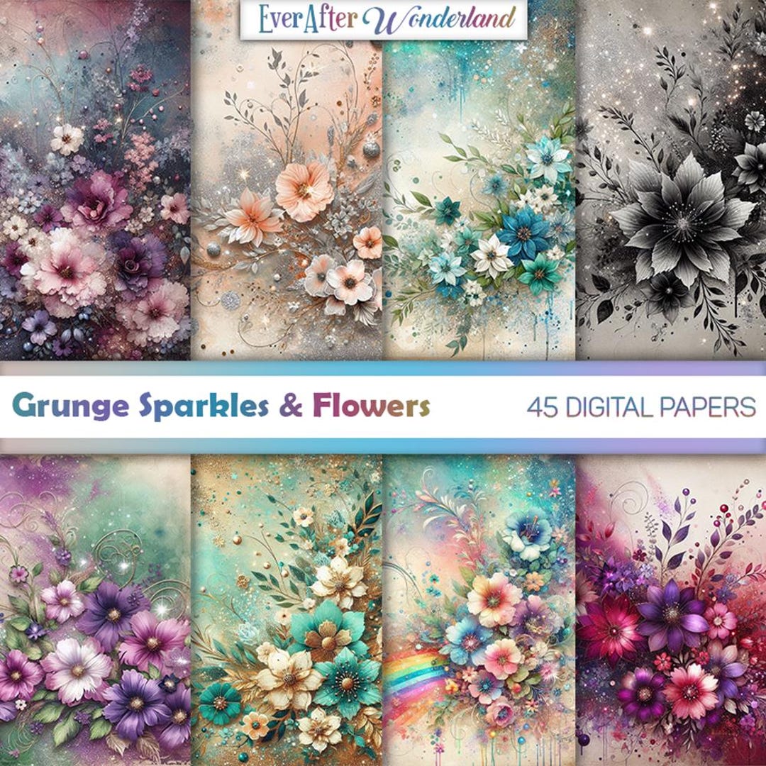 Grunge Sparkles and Flowers Digital Papers | Instant Download | Floral ...