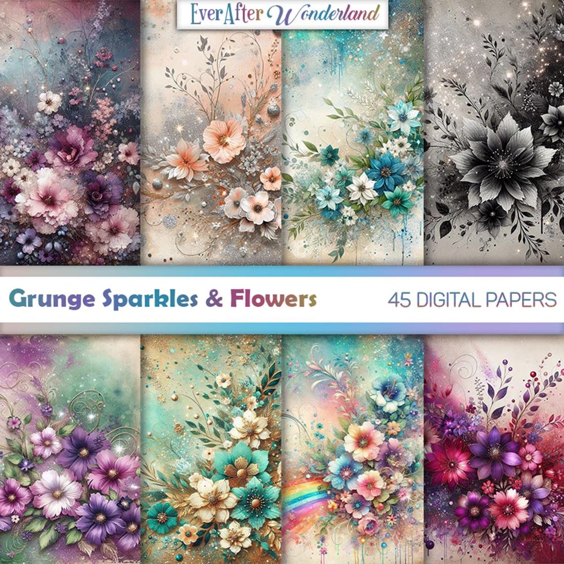 Grunge Sparkles and Flowers Digital Papers | Instant Download | Floral ...