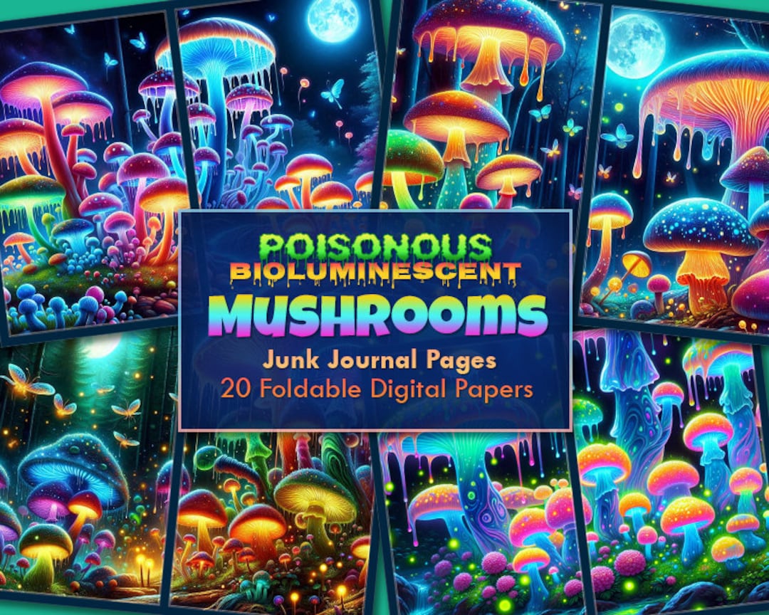 Poison Bioluminescent Mushroom Digital Papers for Junk Journals, Junk ...