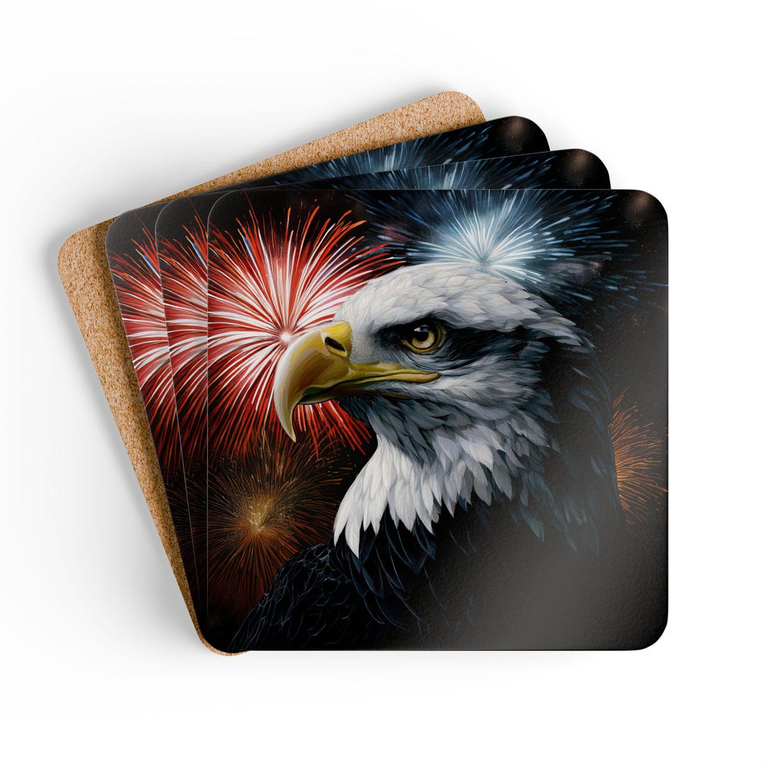 Patriotic Bald Eagle Cork Back Coaster Set: Fireworks Americana ...