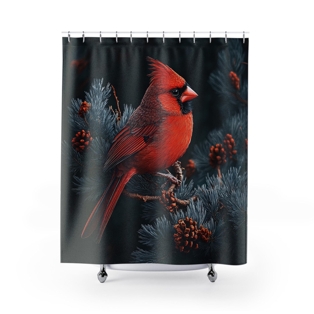 Red Cardinal in a Pine Tree Original Art Shower Curtain, Outdoor ...