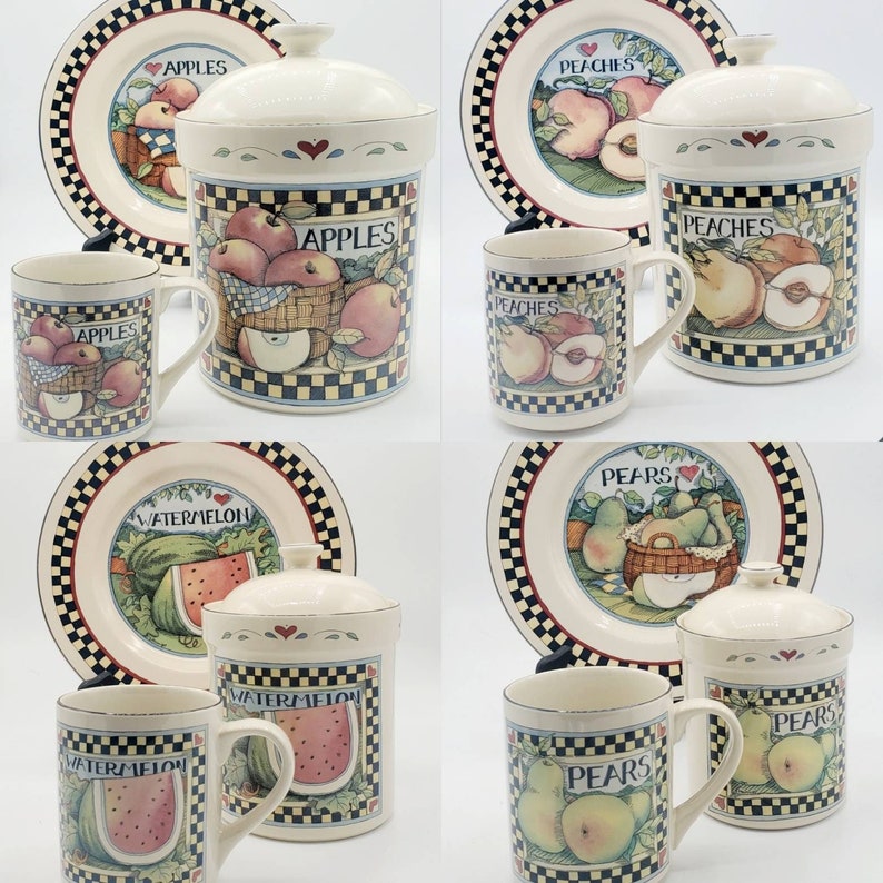 Vintage, 1980s, Susan Winget Checkerboard Farms 4 Piece Fruit Canister ...